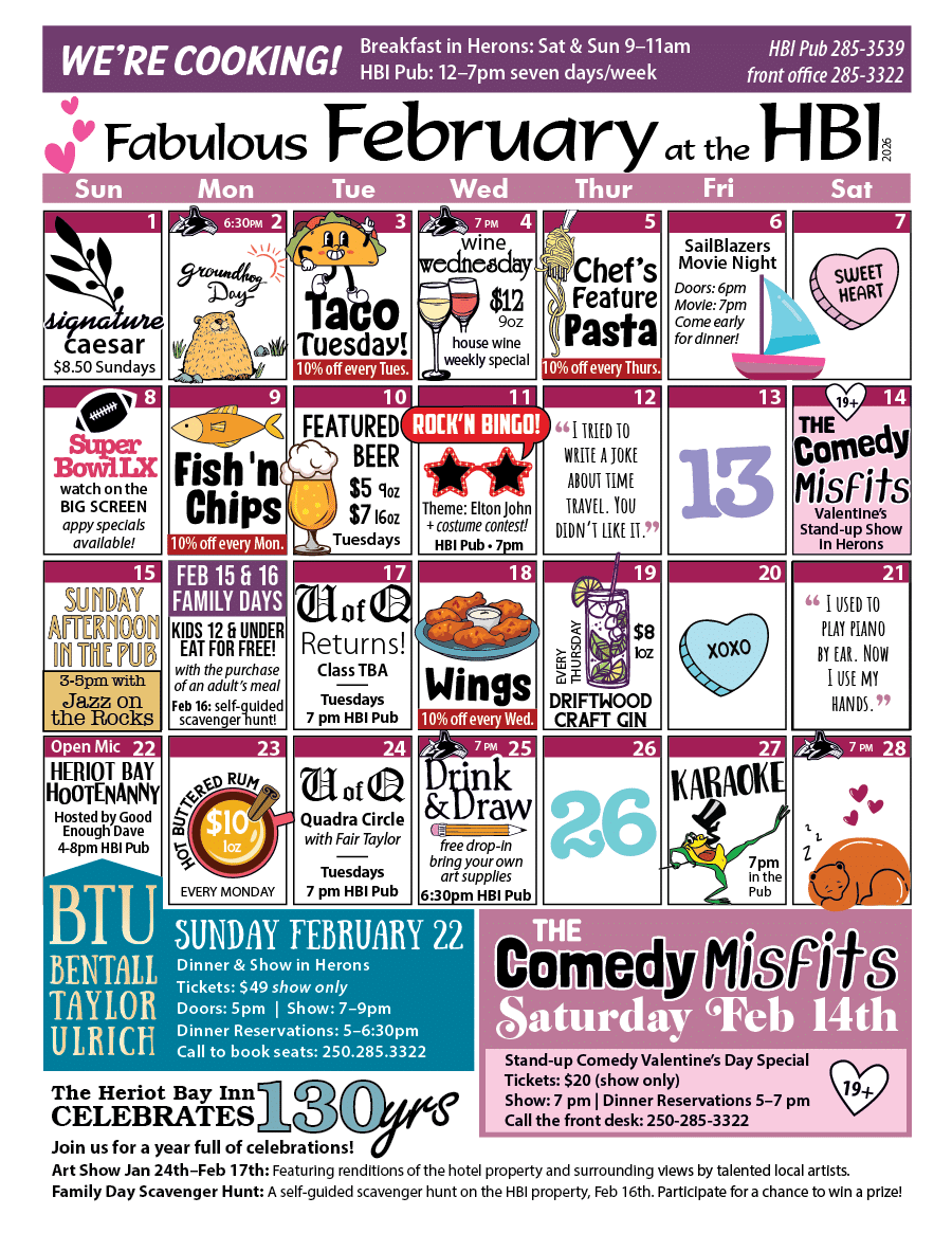 February Calendar: what’s happening at the Inn - Heriot Bay Inn | Top ...